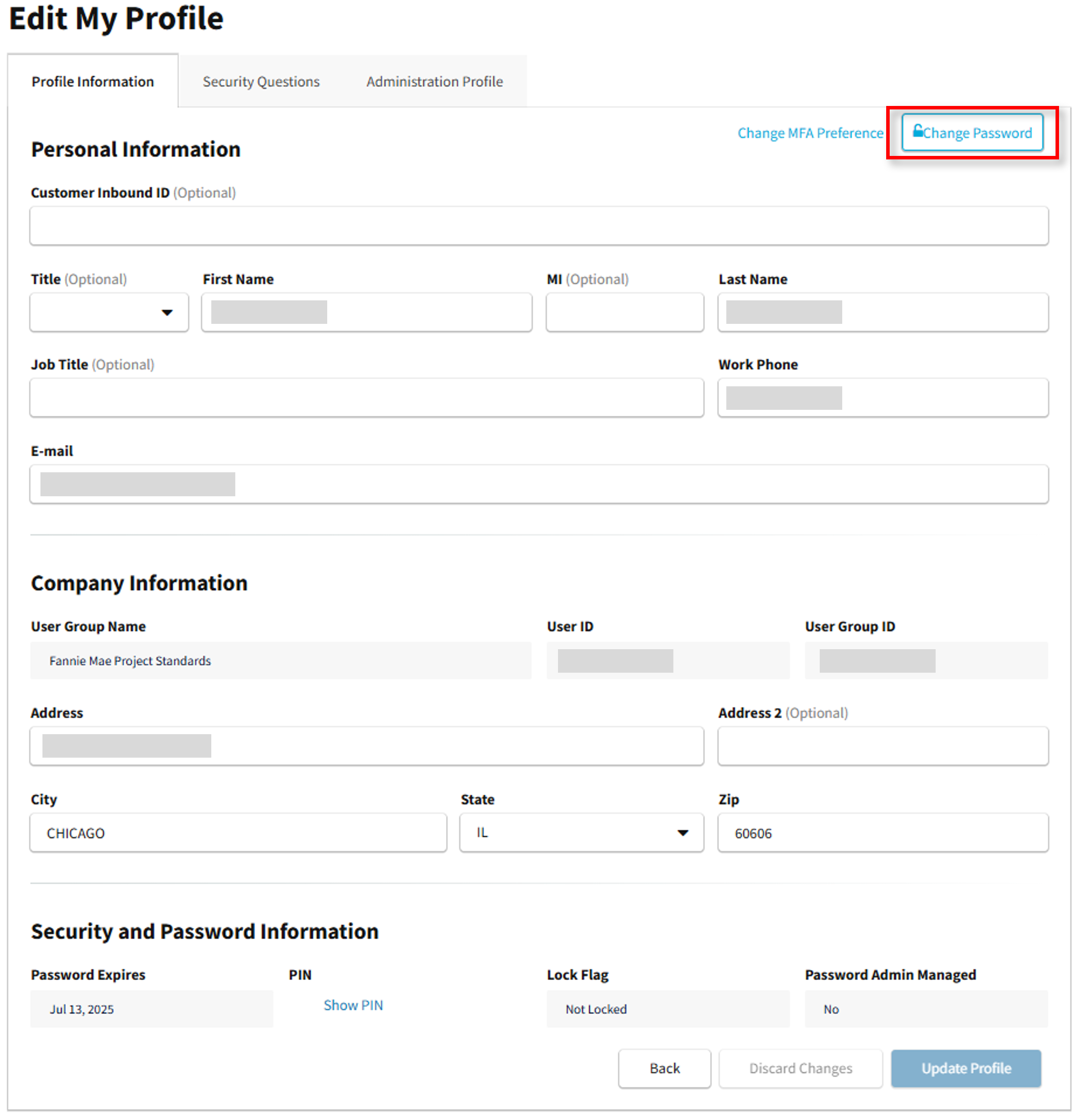 Technology Manager: Edit Security and Password Information
